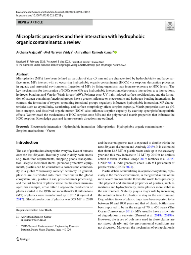 Microplastics and Hydrophobic Contaminants | PDF | Hydrogen Bond ...