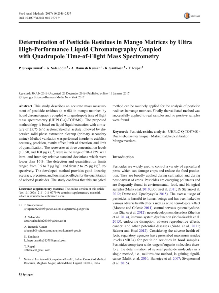 Determination of Pesticide Residues in Mango Matrices by Ultra | PDF | Detection Limit | Mass ...