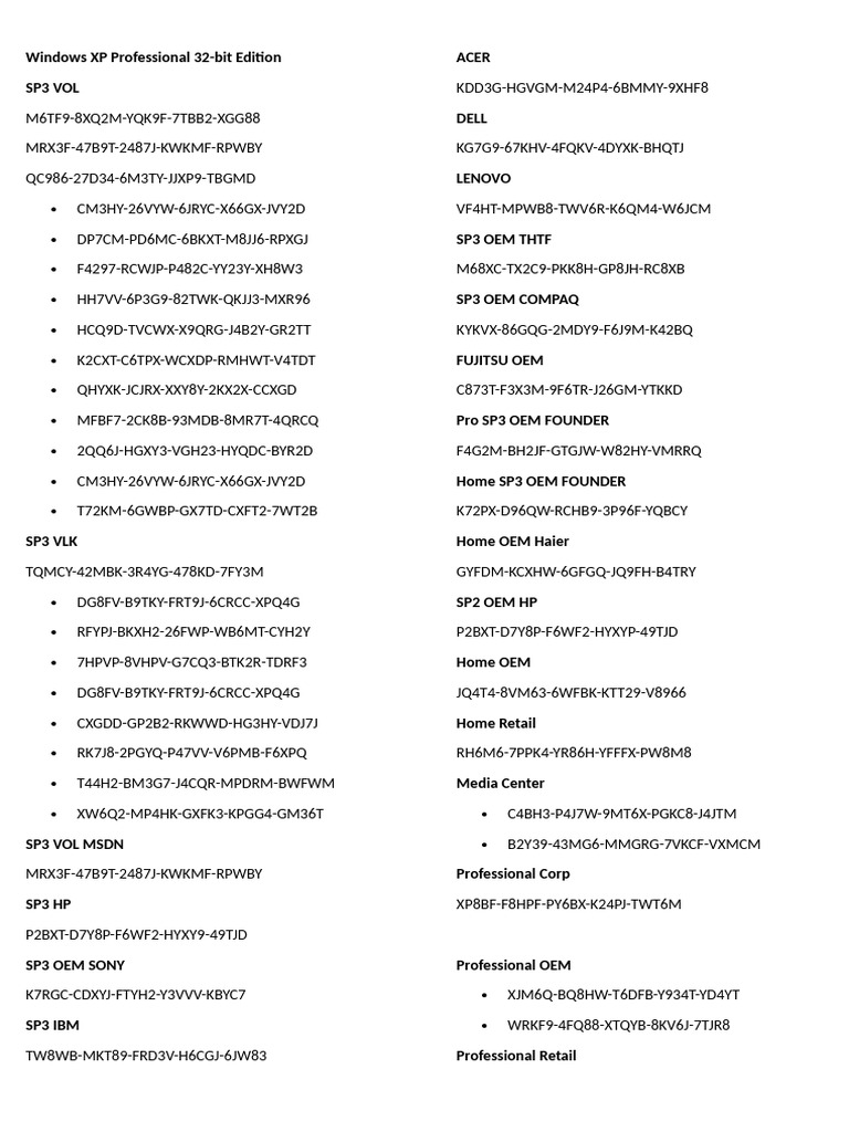 Windows XP Product Keys Collection | PDF | Windows Xp | Original ...
