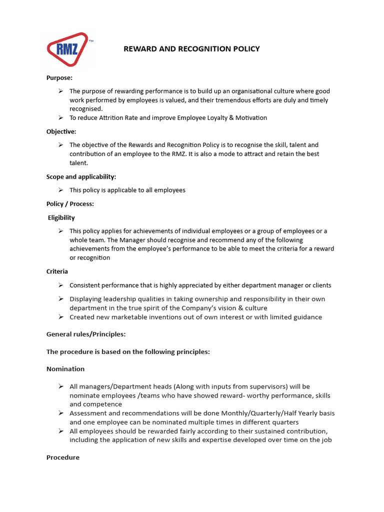Reward and Recognition Policy | PDF | Employment | Policy