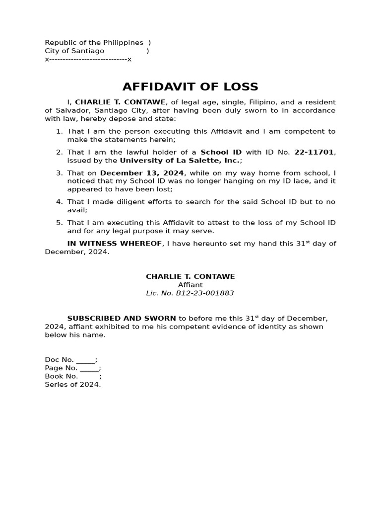 Affidavit of Loss for School ID | PDF