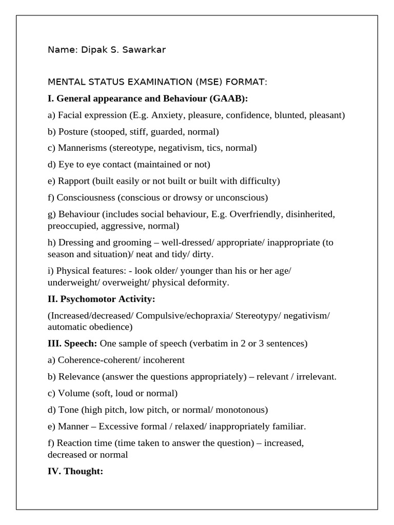 Mental Status Examination | PDF | Delusion | Behavioural Sciences
