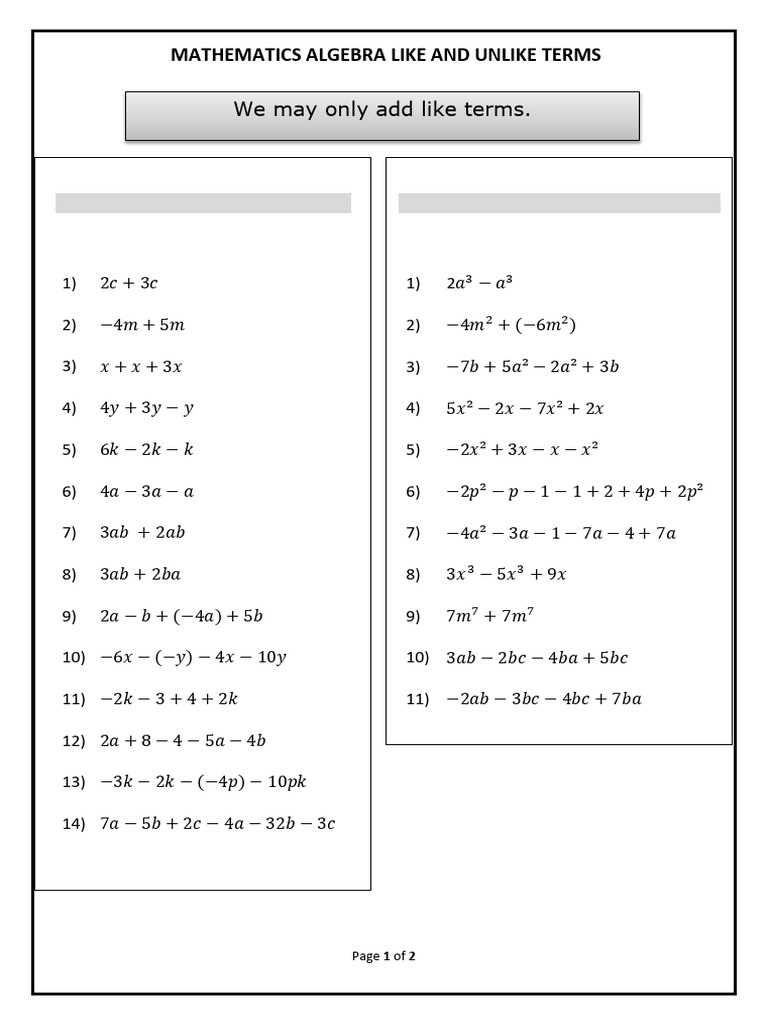 GR 8 1 Algebra Adding Exercise-Merged | PDF
