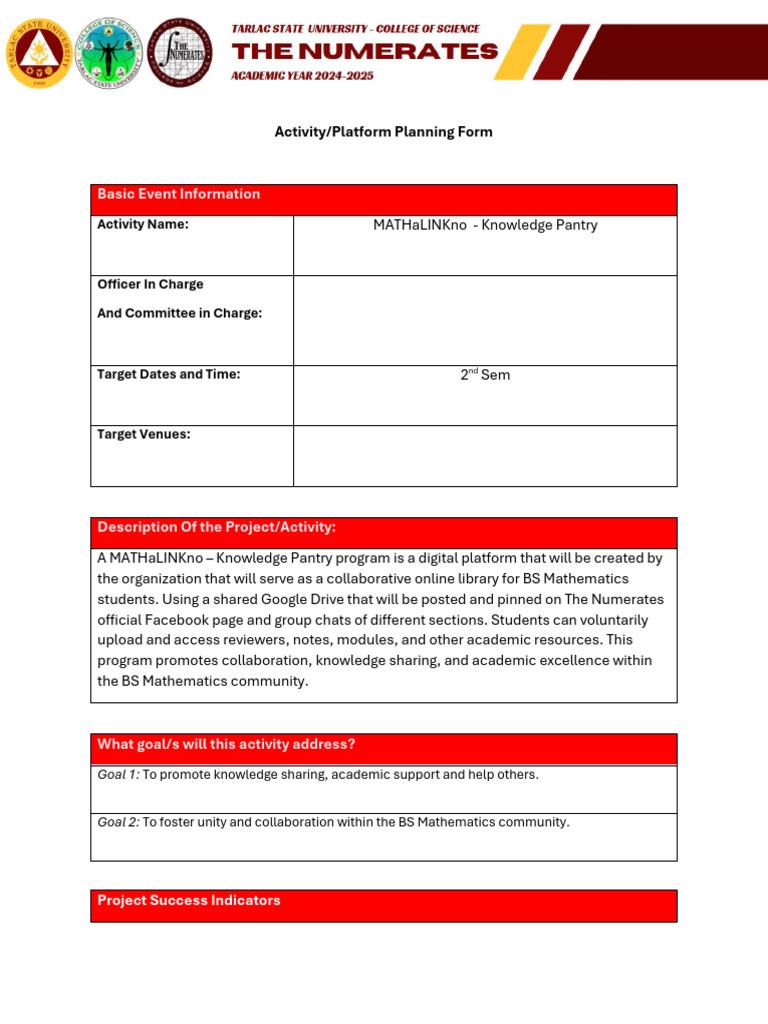 MATHaLINKno-Activity Planning Form - The Numerates AY 2024-2025 | PDF