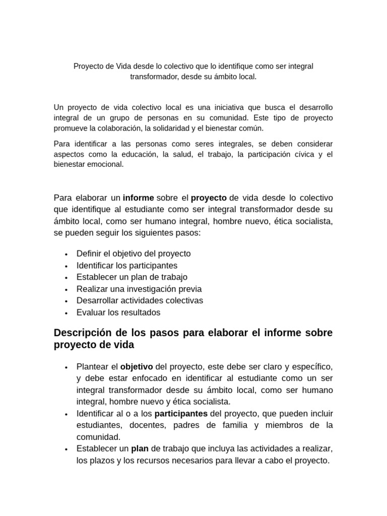 Proyecto de Vida Desde Lo Colectivo Que Lo Identifique Como Ser Integral Transformador, Desde Su ...