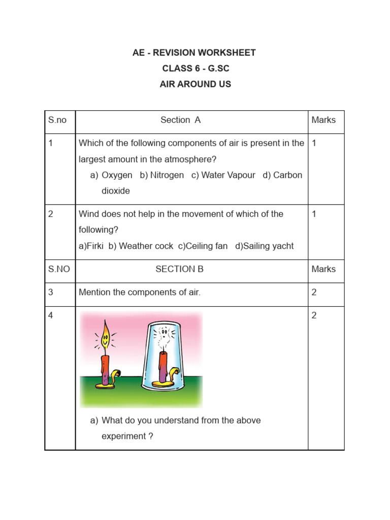 Air Around Us: Class 6 Worksheet | PDF | Atmosphere Of Earth | Oxygen
