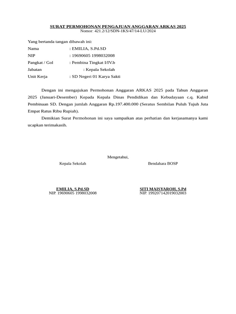 SURAT PERMOHONAN PENGAJUAN ANGGARAN ARKAS 2025 | PDF