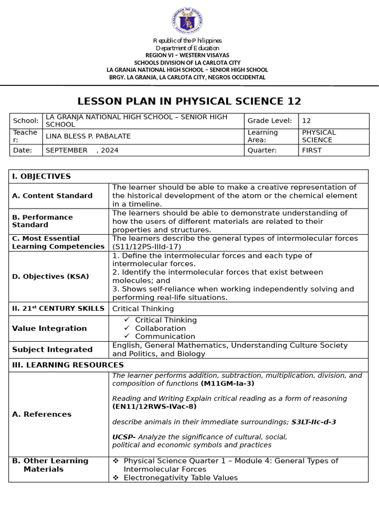 Physical Science 12 Lesson Plan: Intermolecular Forces | PDF ...