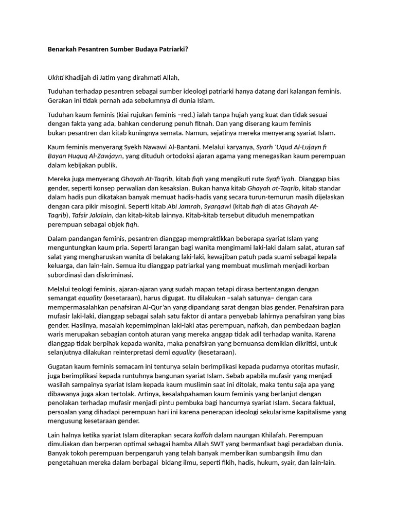 Benarkah Pesantren Sumber Budaya Patriarki | PDF