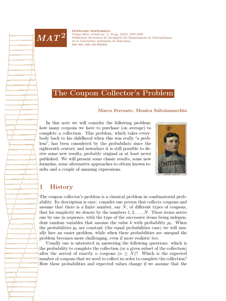 The Coupon Collector's Problem: 1 History | PDF | Probability ...