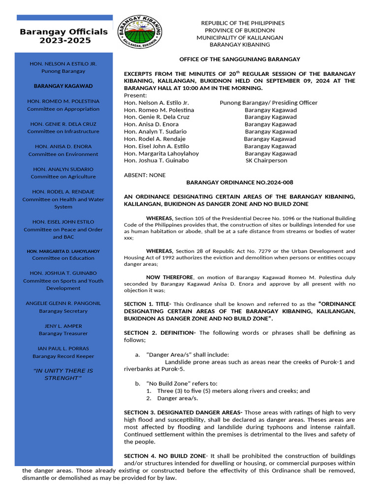 No Build Zone Ordinance in Kibaning | PDF | Justice | Crime & Violence