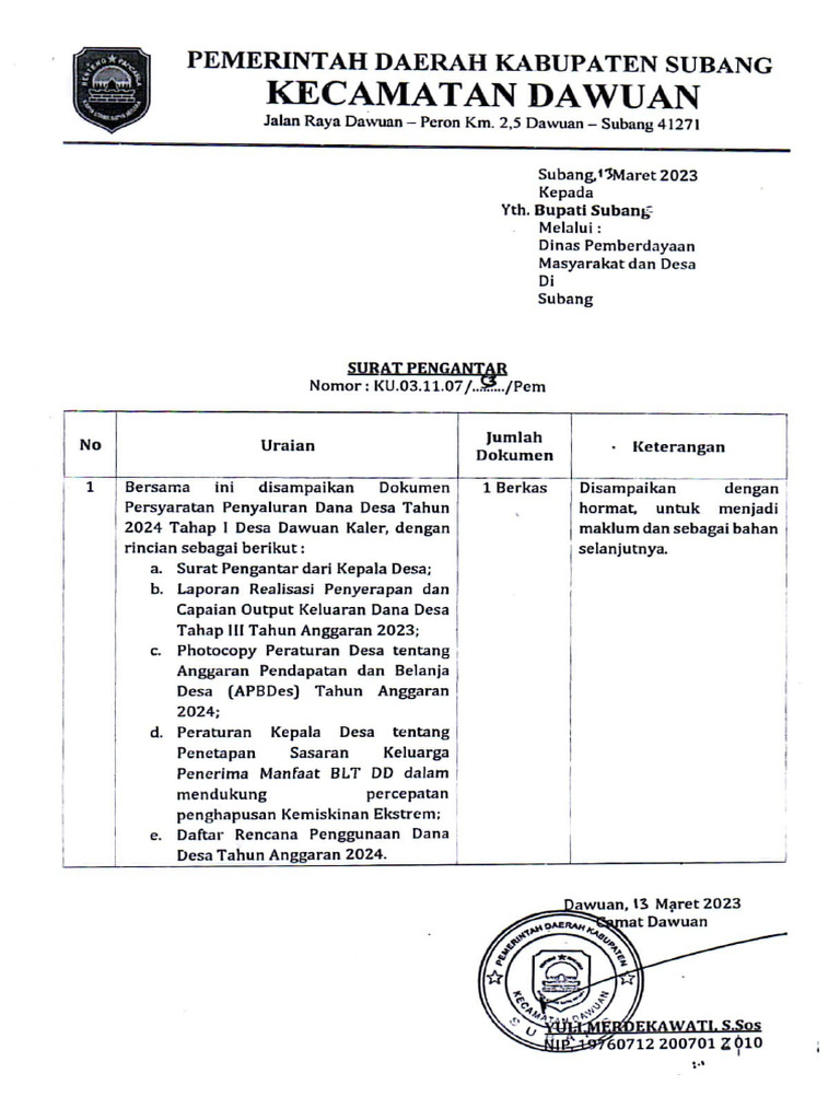 Surat Pengantar Camat Sudah Di Ttd | PDF