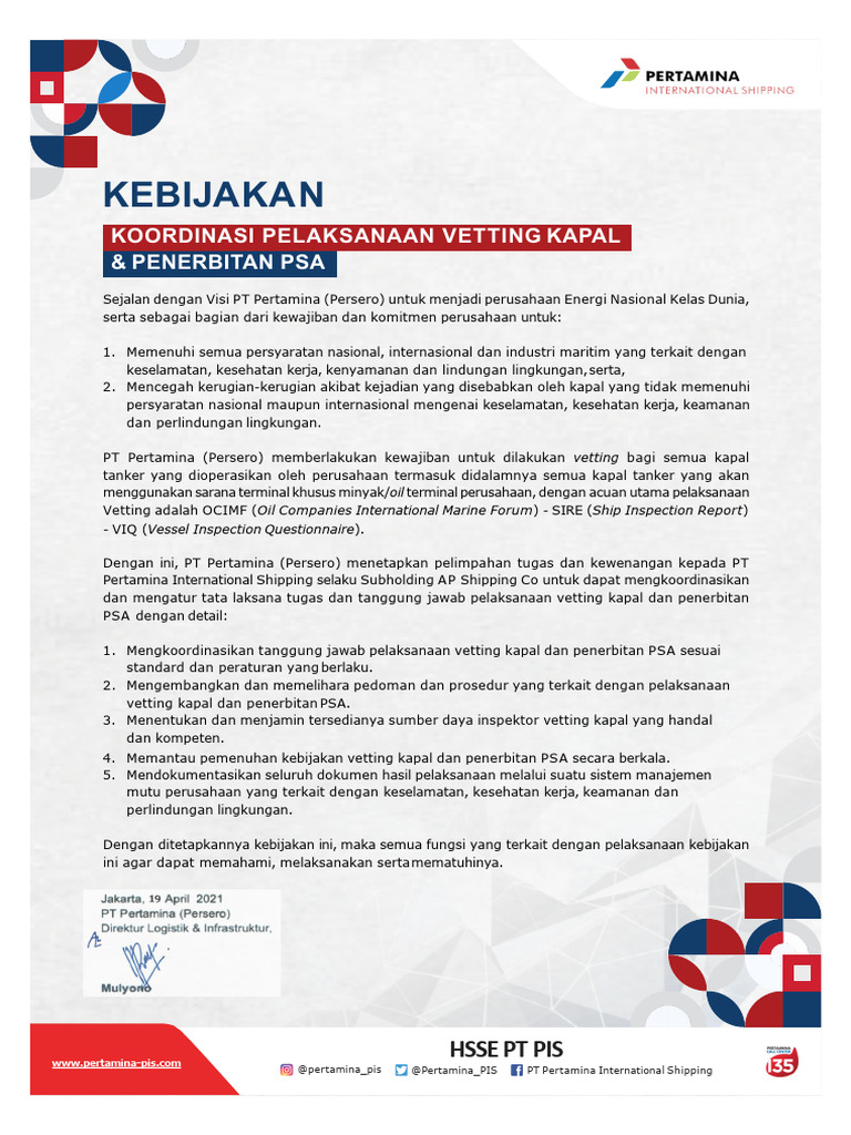 Kebijakan Vetting Kapal PT Pertamina | PDF