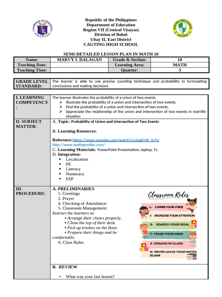 G10-Q3-WEEK4-DAY1 - Probability of Union and Intersection of Two Events ...