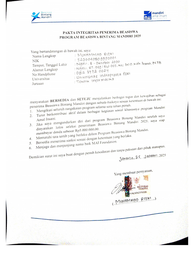 Pakta Integritas Muhammad Rizki | PDF