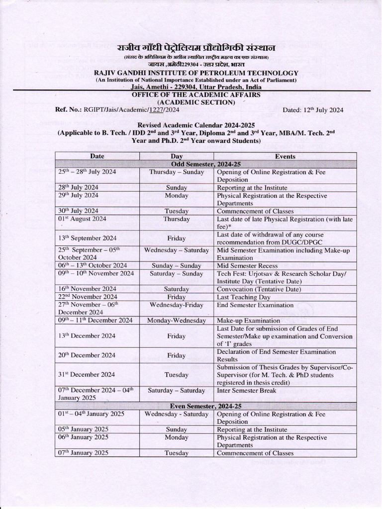 Revised Academic Calendar B.tech.-IDD 2nd & 3rd Year Students, Diploma 2nd & 3rd Year, M.tech ...