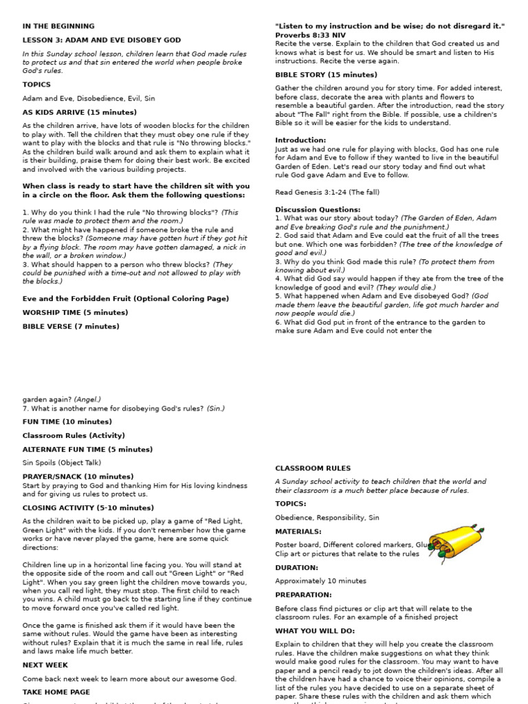 Adam and Eve's Disobedience Lesson | PDF | Adam And Eve | Religious ...