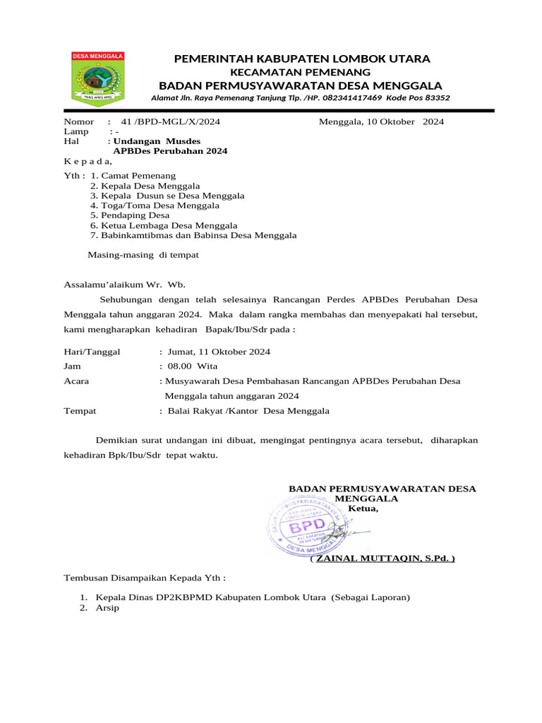 Surat Apbdes Perubahan 2024.desa | PDF
