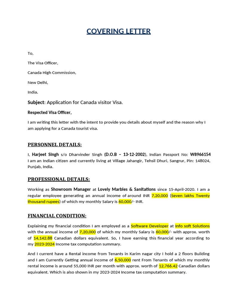 Canada Cover Letter Sample 19 July | PDF | Travel Visa