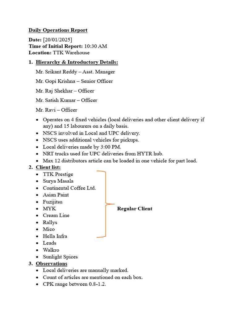 Daily Operations Report_TTK | PDF