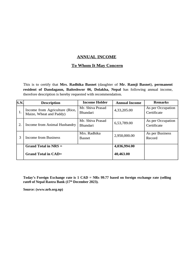 Agriculture Income Certificate Sample | PDF