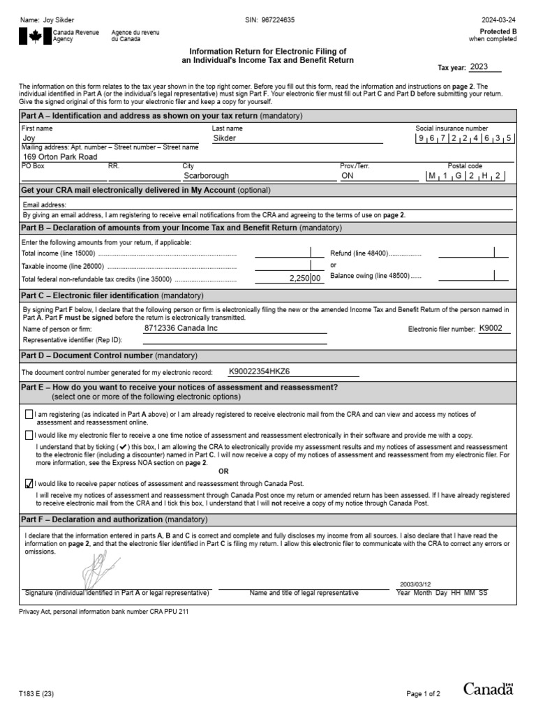 Joy Sikder T183 2024-03-24 | PDF | Tax Refund | Taxation