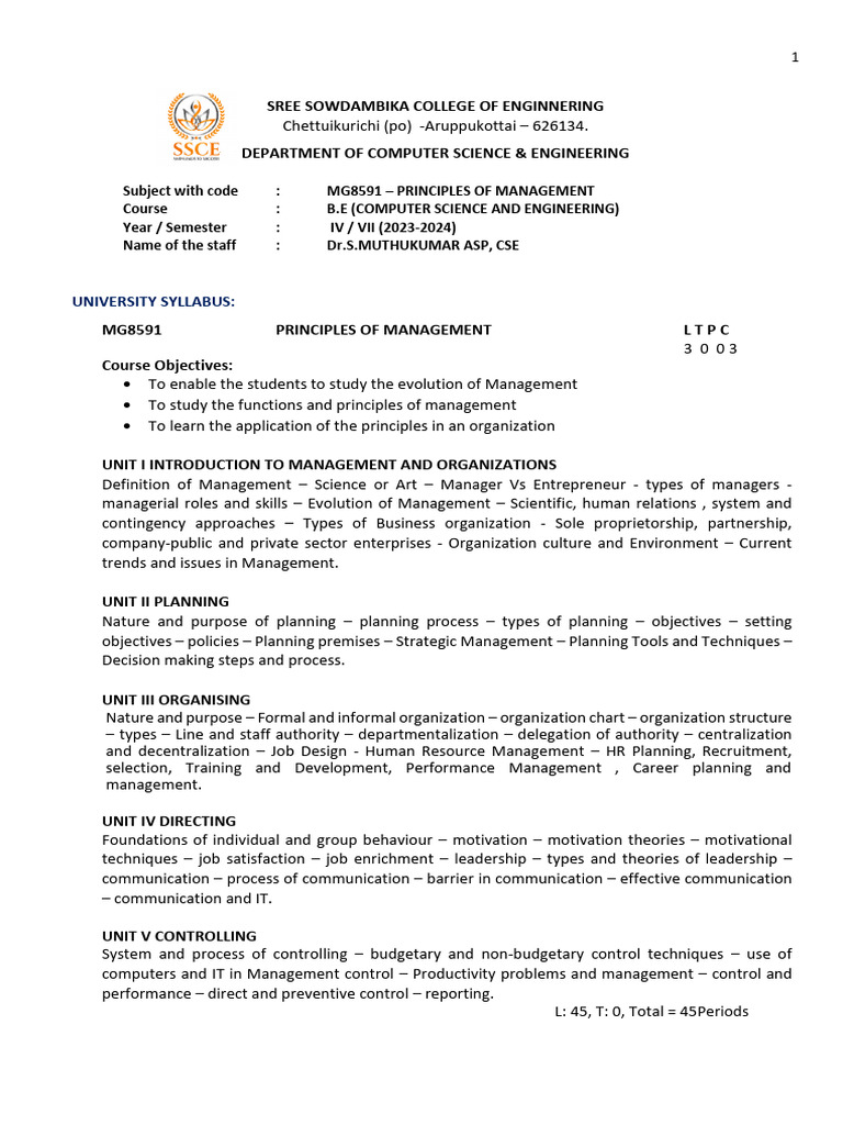 Principles of Management Syllabus 2023 | PDF | Engineering | Knowledge