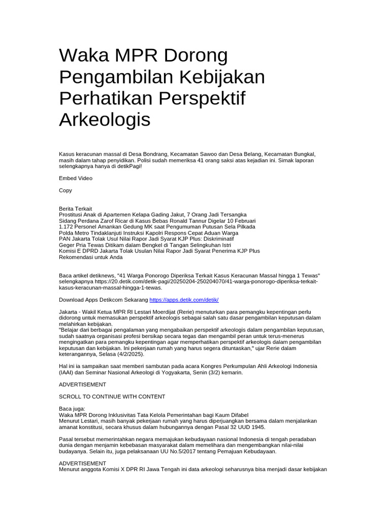 Waka MPR: Kebijakan Butuh Perspektif Arkeologis | PDF