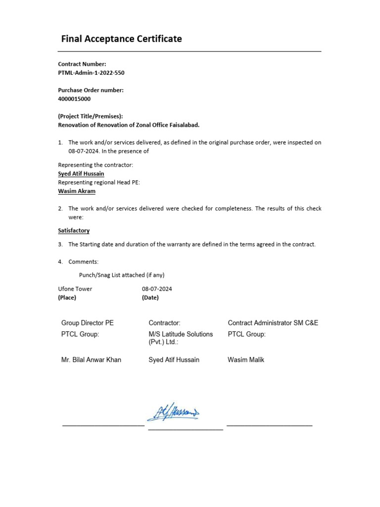 Final Acceptance Certificate for Faisalabad Office | PDF