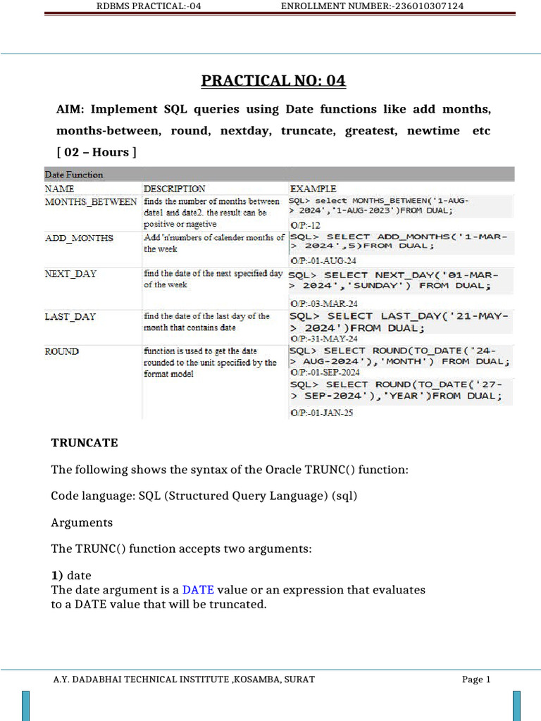 SQL Date Functions Practical Guide | PDF | Sql | Relational Database