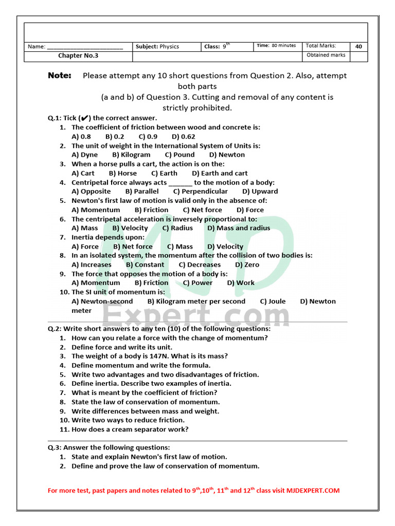 9th Grade Physics Test Paper Guide | PDF | Force | Momentum