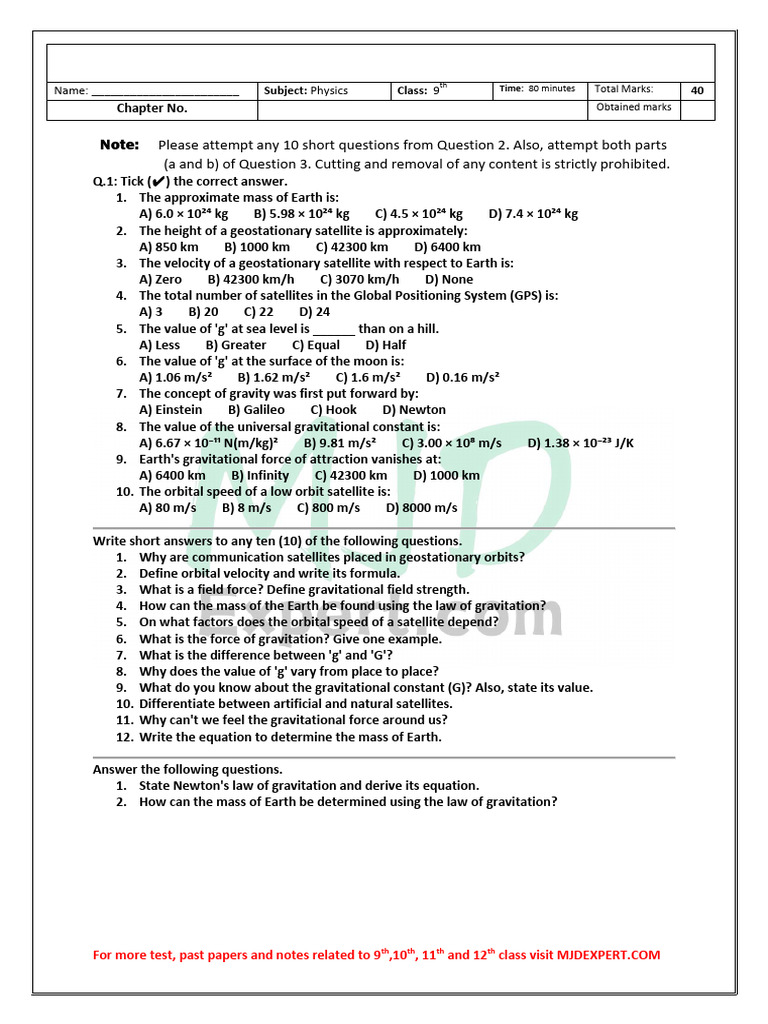 9th Grade Physics Test Paper | PDF | Gravity | Newton's Law Of ...