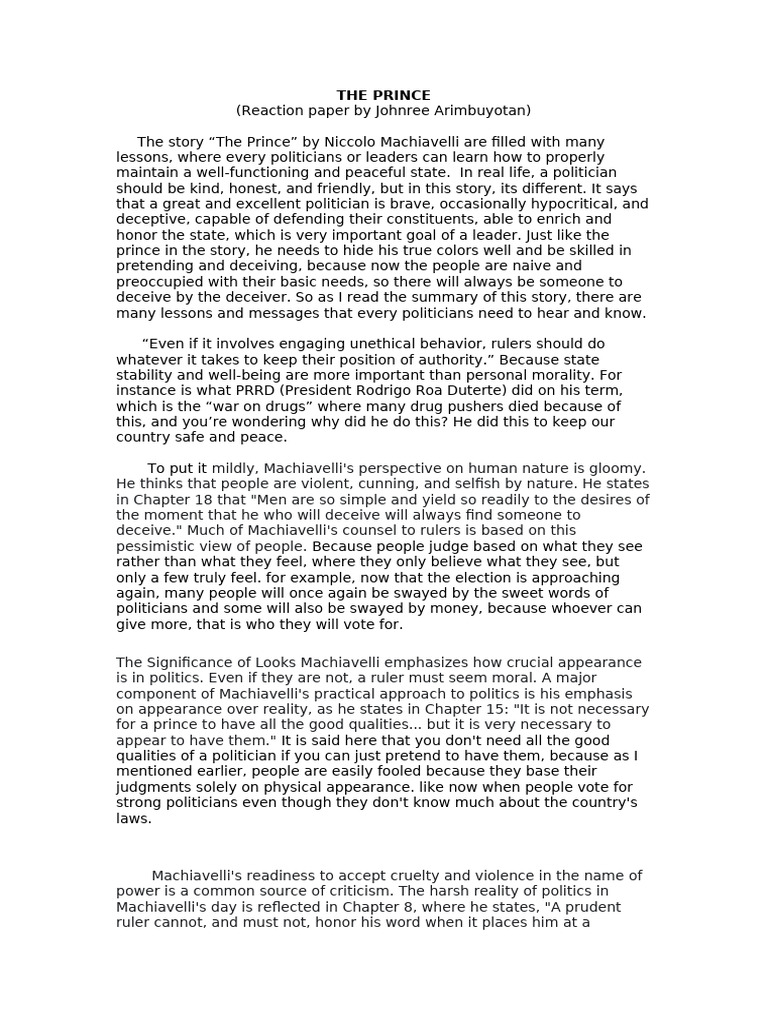 THE PRINCE. Reaction Paper | PDF | The Prince | Niccolò Machiavelli