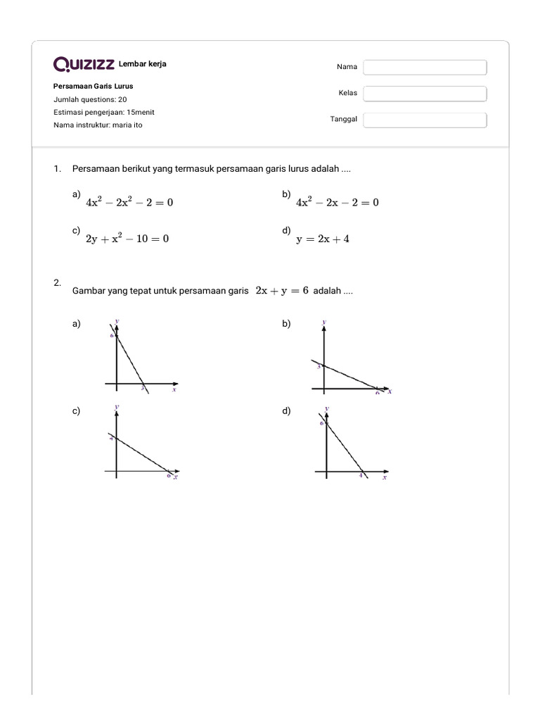 Soal Persamaan Garis Lurus Kelas 8 | PDF