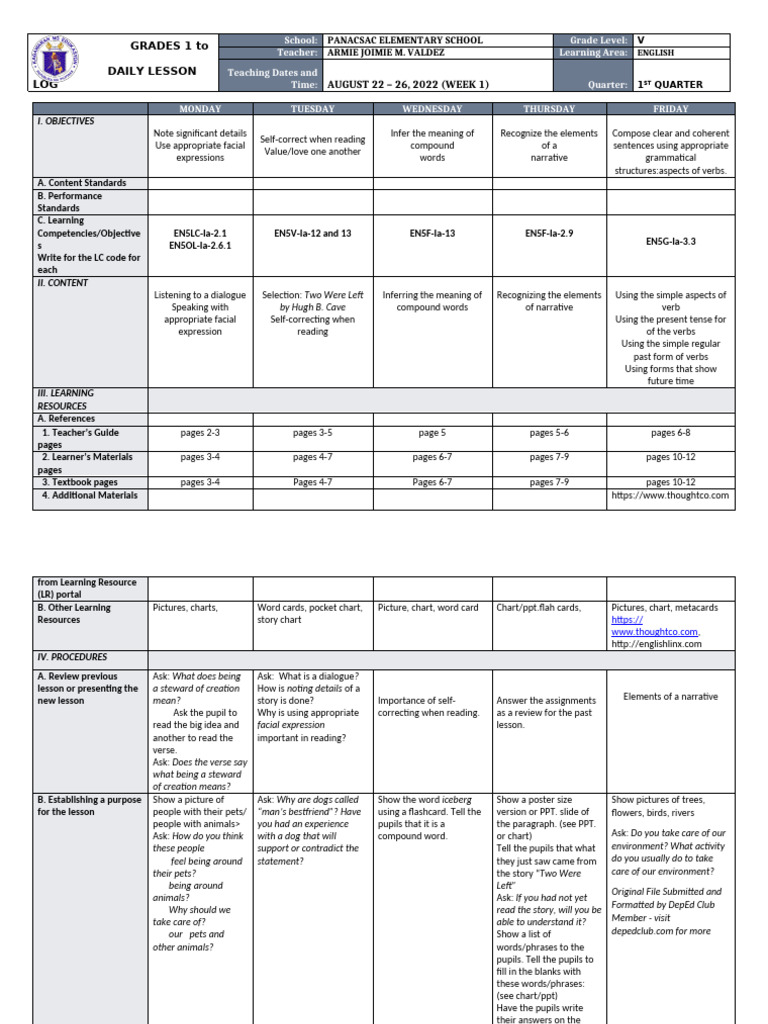 DLL_ENGLISH 5_Q1_W1 | PDF | Word | Verb