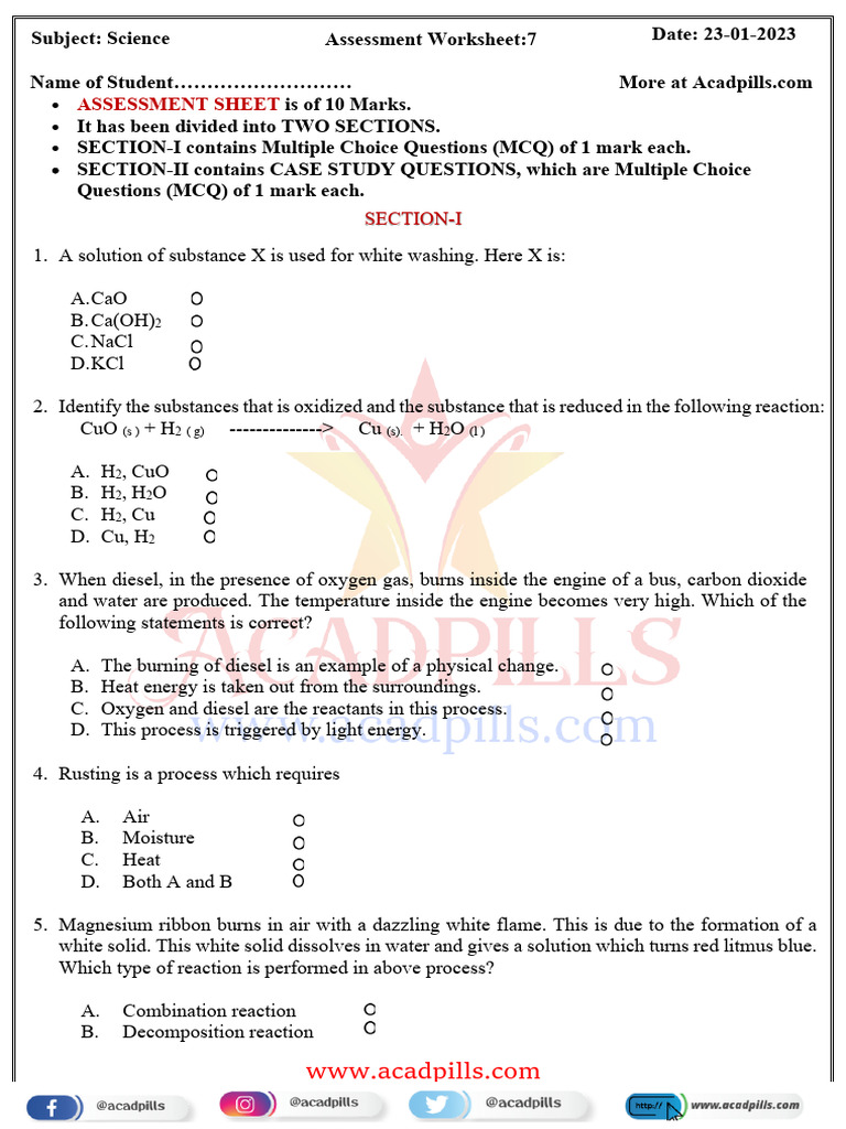 Science Assessment Worksheet MCQs | PDF | Acid | Ph