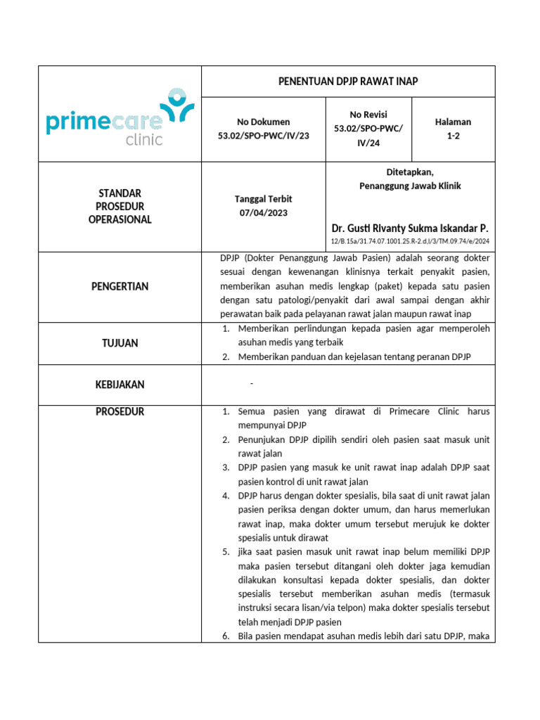 Spo Penentuan DPJP Rawat Inap | PDF