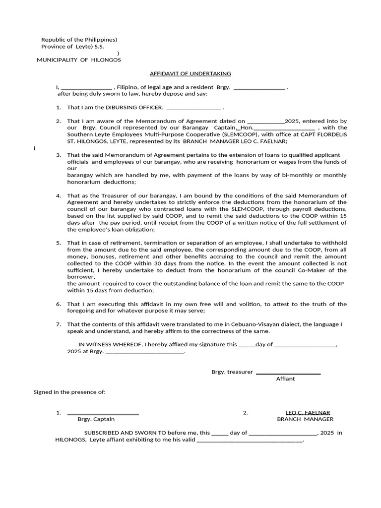 AFFI. OF UNDERTAKING Blank | PDF | Affidavit