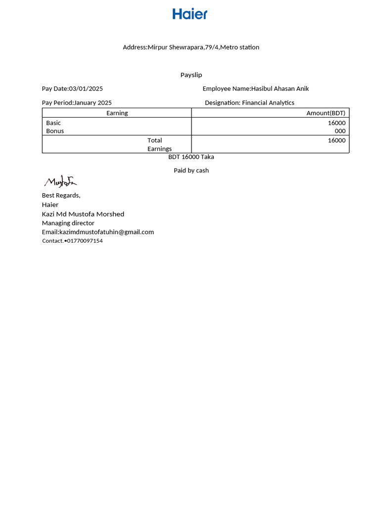 January 2025 Payslip for Hasibul Ahasan Anik | PDF