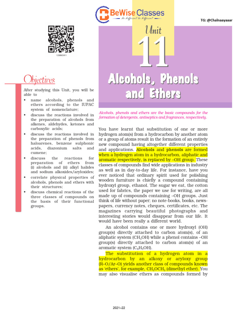 Alcohols, Phenols - Ethers - Ncert Highlighted Bewise | PDF | Ether | Ester