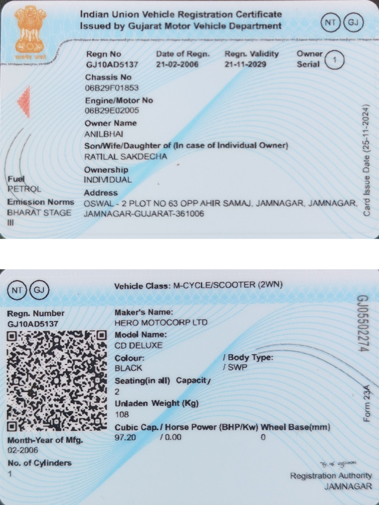 Indian Union Vehicle Registration Certificate Issued by Gujrati Motor ...