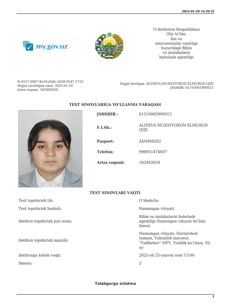 Test Sinovlariga Yo Llanma Varaqasi Jshshir: F.I.Sh.: Pasport: Telefon ...