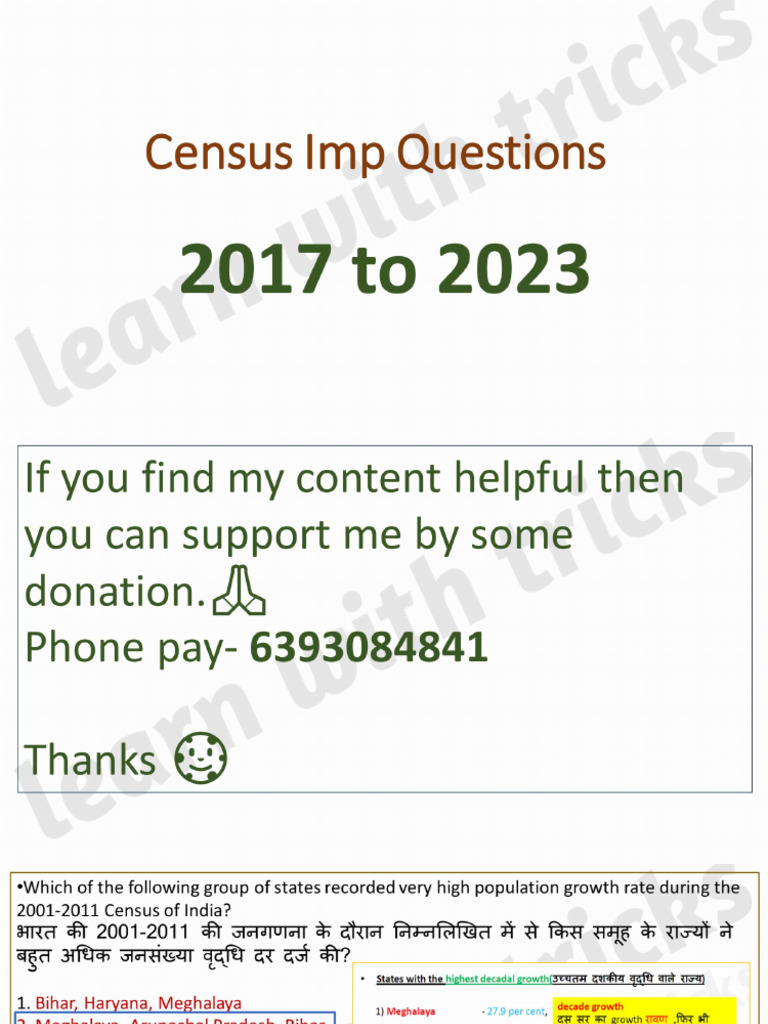 Census 2011 (2017 To 2023 Detail + PYQ) | PDF