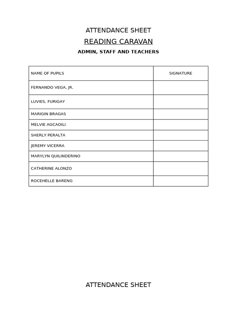 Reading Caravan Attendance Sheet | PDF