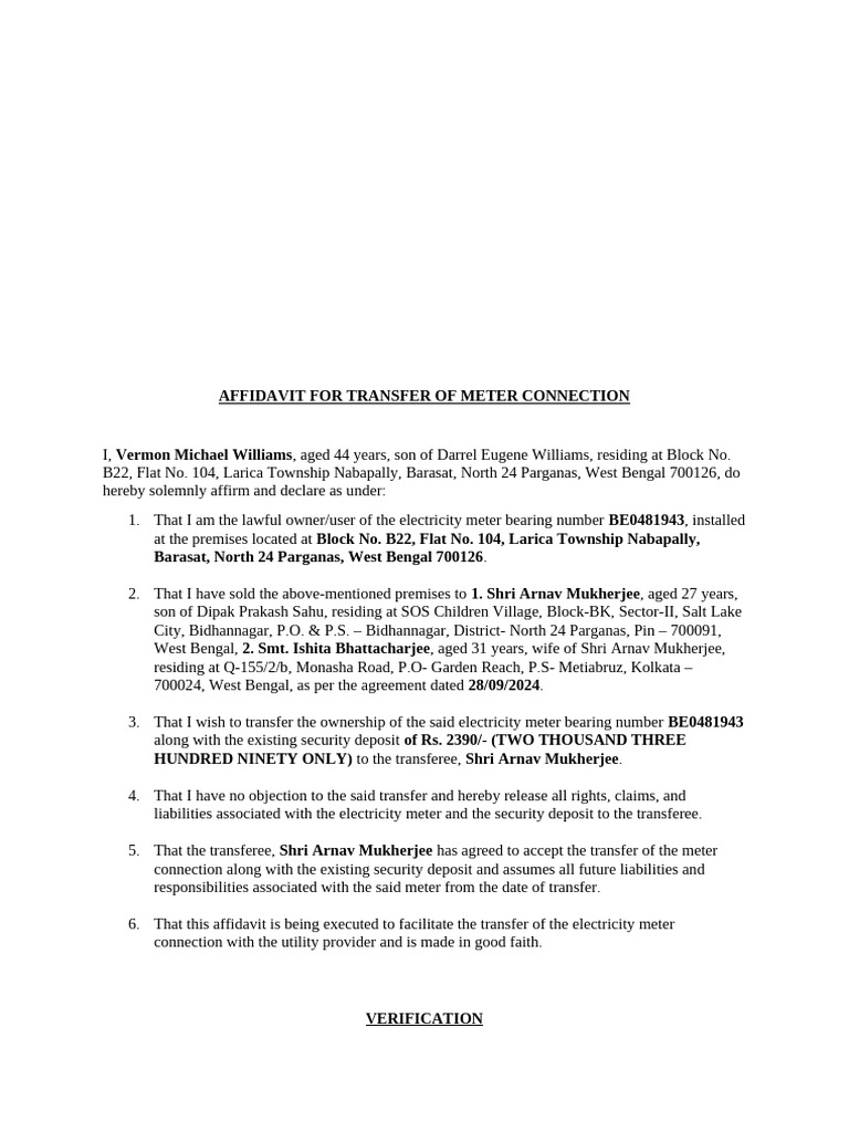 Affidavit for Electricity Meter Transfer | PDF