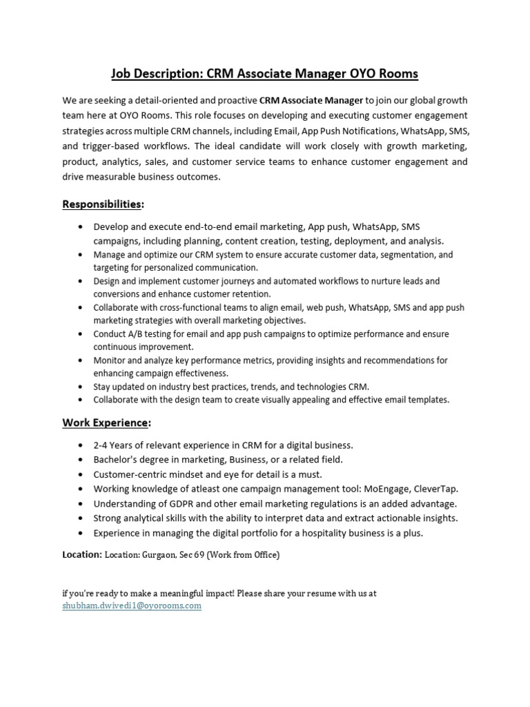 CRM Job Description - India - OYO | PDF