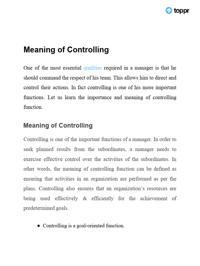Controlling Class 12 Notes | PDF | Audit | Return On Investment