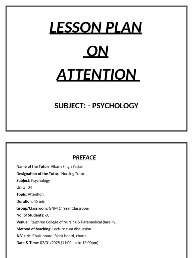 Attention Lesson Plan for Nursing Students | PDF | Attention | Learning