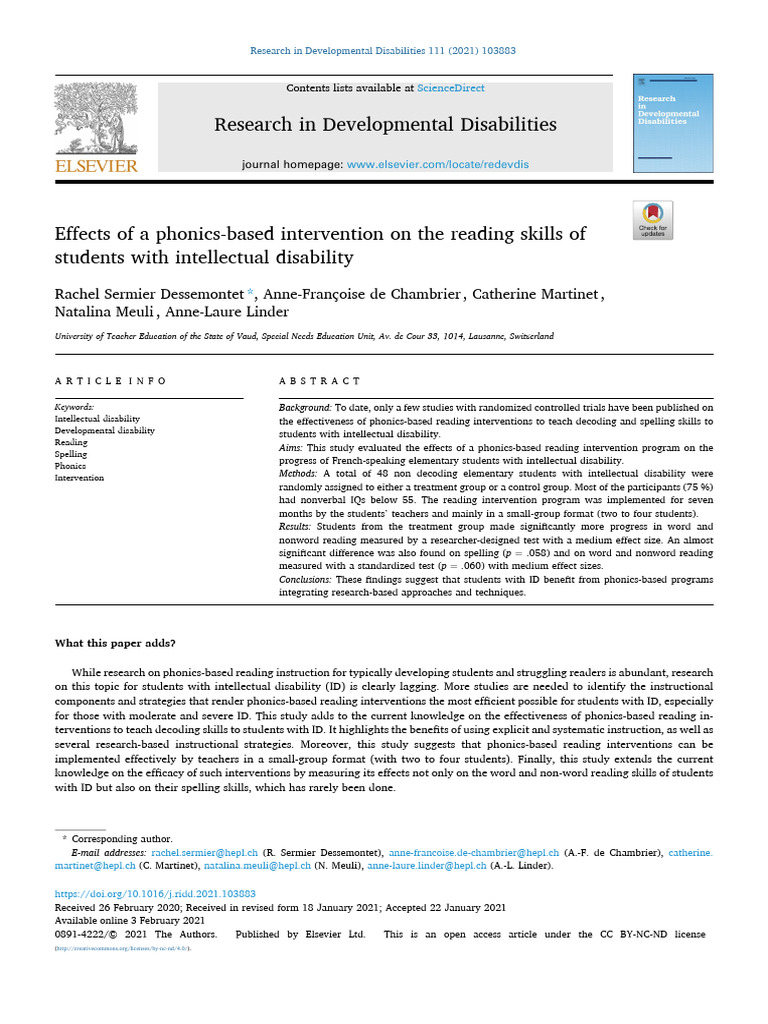 Effects of A Phonics-Based Intervention On The Reading Skills of | PDF | Phonics | Intellectual ...