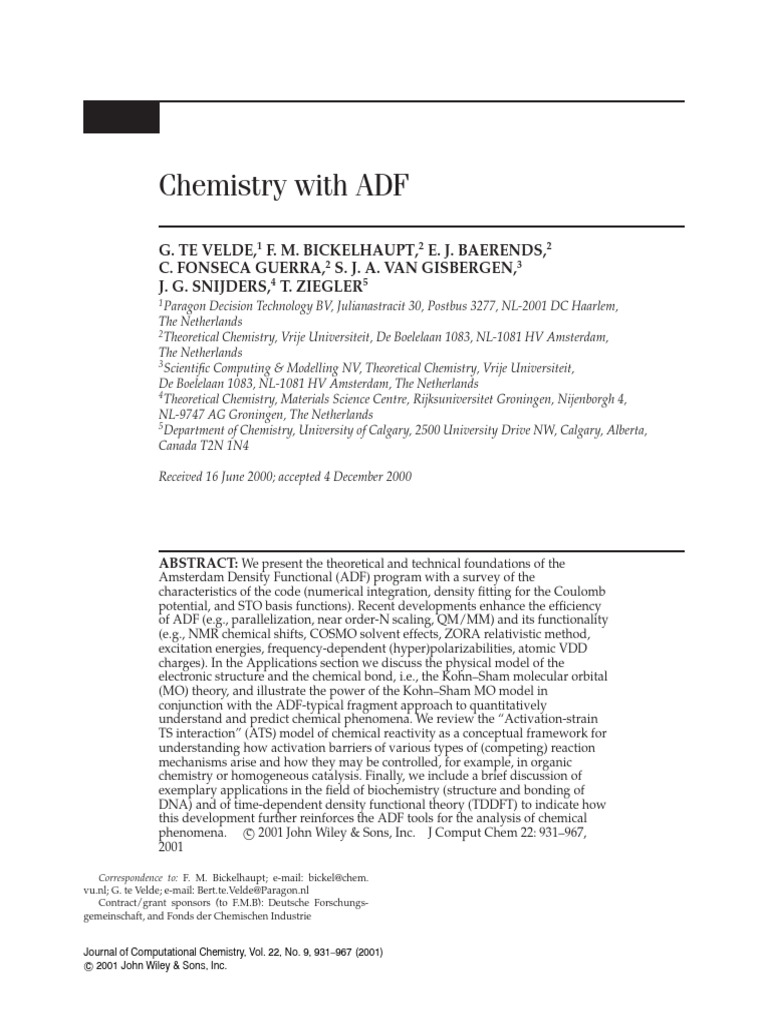 J Comput Chem - 2001 - te Velde - Chemistry with ADF | PDF | Density Functional Theory | Atomic ...